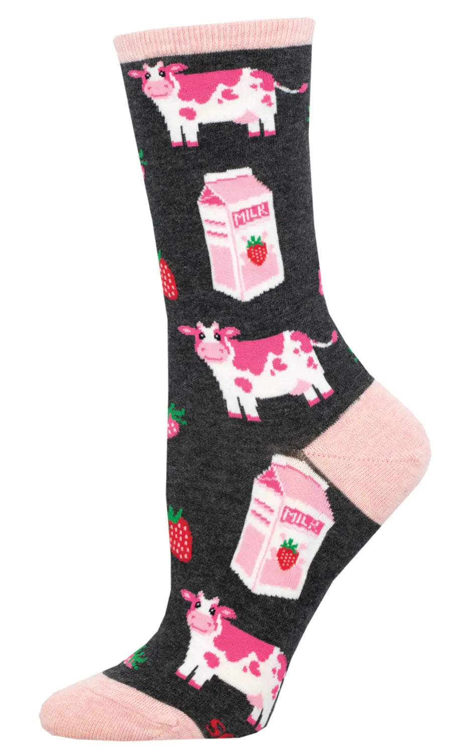 Strawberry Milk Socks by Socksmith | Women's Cute Pink Cow Crew Socks